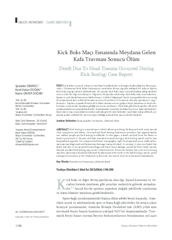 (PDF) Death Due To Head Trauma Occurred During Kick Boxing: Case Report