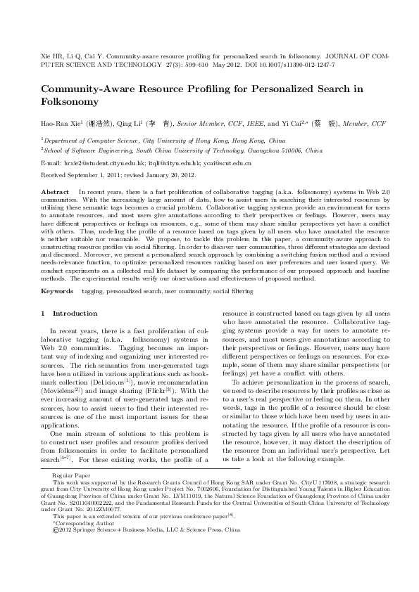 (PDF) Community-aware resource profiling for personalized search in folksonomy Community-Aware ...