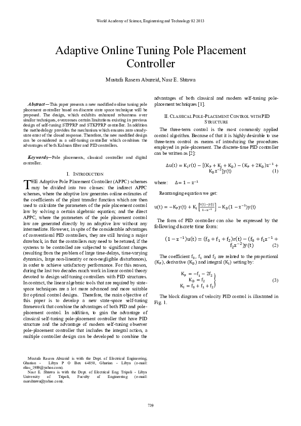 (PDF) Adaptive Online Tuning Pole Placement Controller