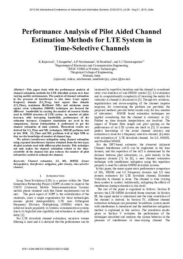 (PDF) Performance Analysis of Pilot Aided Channel Estimation Methods for LTE System in Time ...