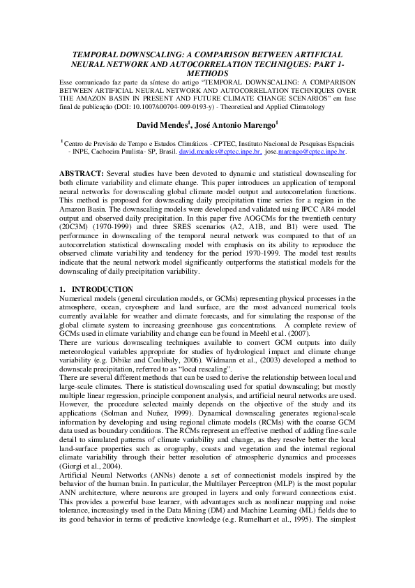 Pdf Temporal Downscaling A Comparison Between Artificial Neural Network And Autocorrelation