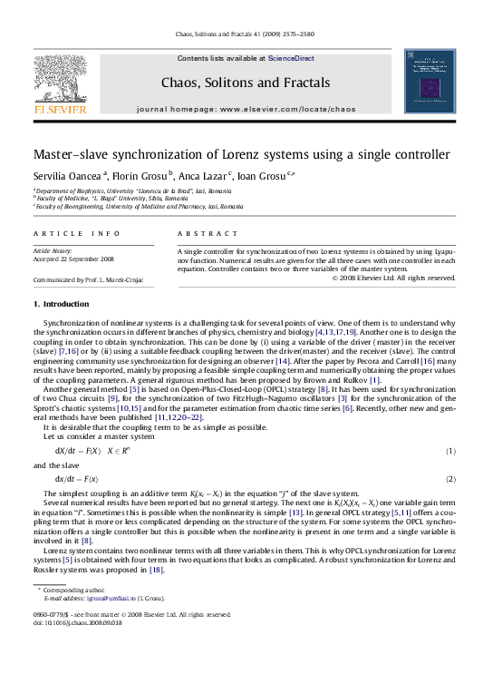 (PDF) Master–slave synchronization of Lorenz systems using a single controller