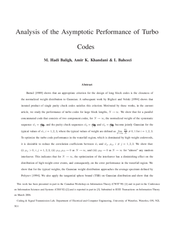 (PDF) Analysis of the Asymptotic Performance of Turbo Codes
