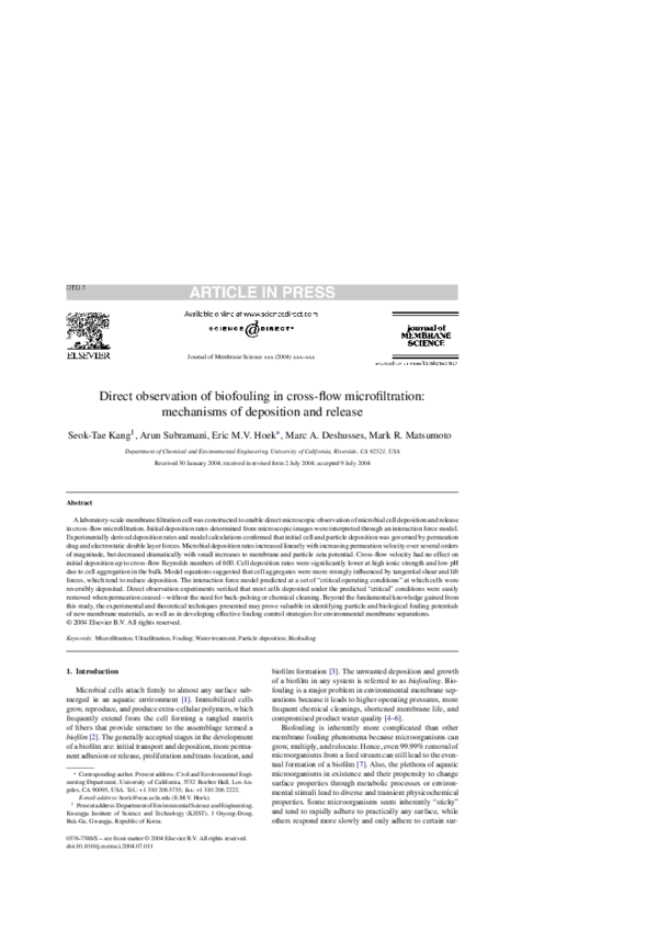 (PDF) Direct observation of biofouling in cross-flow microfiltration: mechanisms of deposition ...
