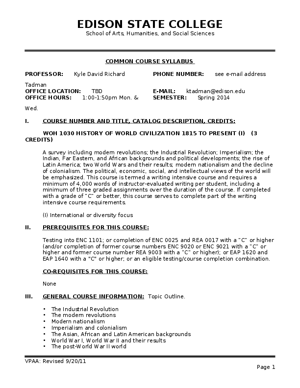 (DOC) Syllabus - History of World Civilization: 1815 - Present