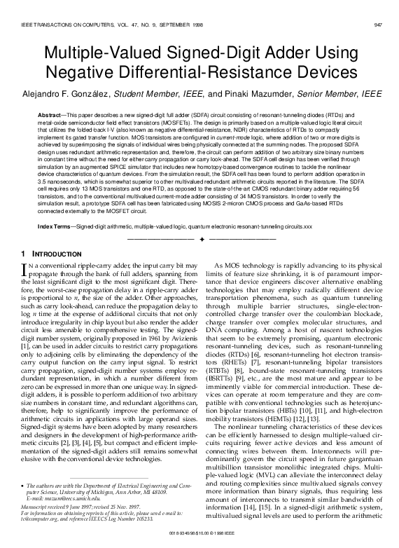 Pdf Multiple Valued Signed Digit Adder Using Negative Differential