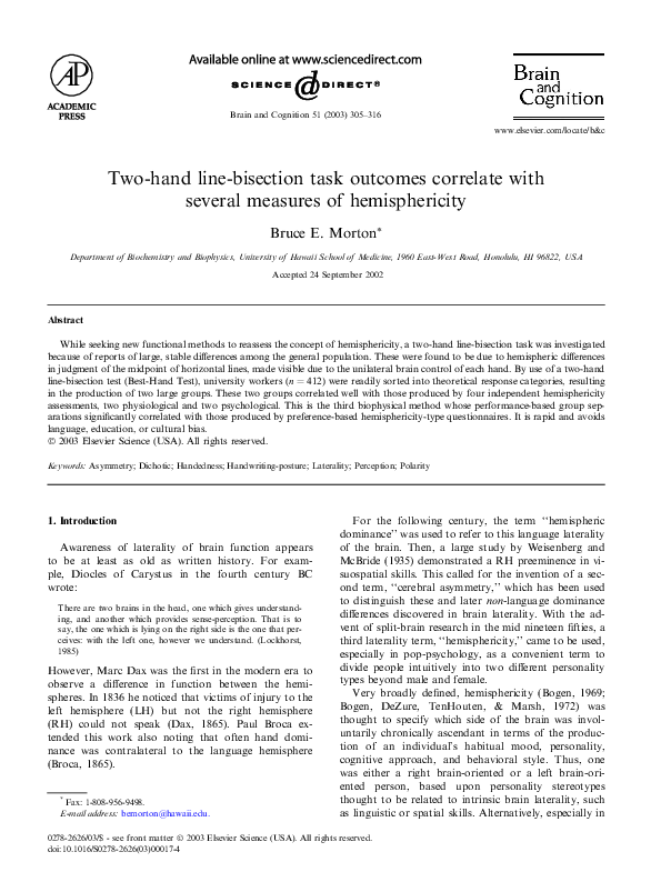 (PDF) Two-hand line-bisection task outcomes correlate with several ...