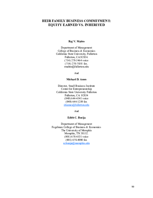 (PDF) HEIR FAMILY BUSINESS COMMITMENT: EQUITY EARNED VS. INHERITED