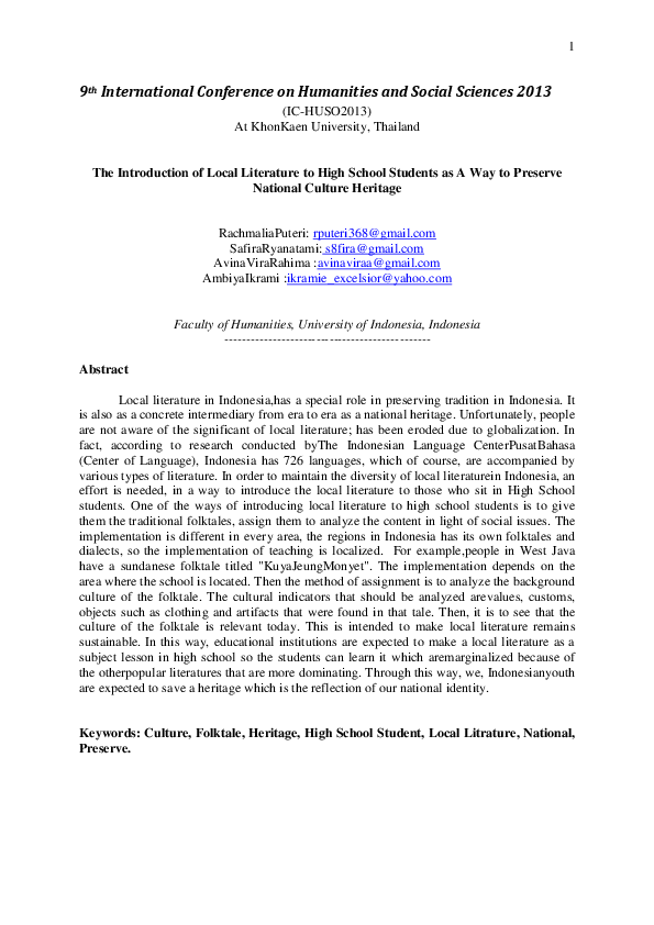 (DOC) The Introduction of Local Literature to High School Students as A ...