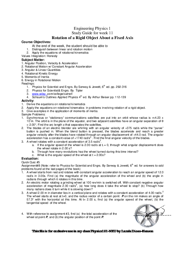(PDF) Engineering Physics 1 Study Guide for week 11 Rotation of a Rigid Object About a Fixed Axis