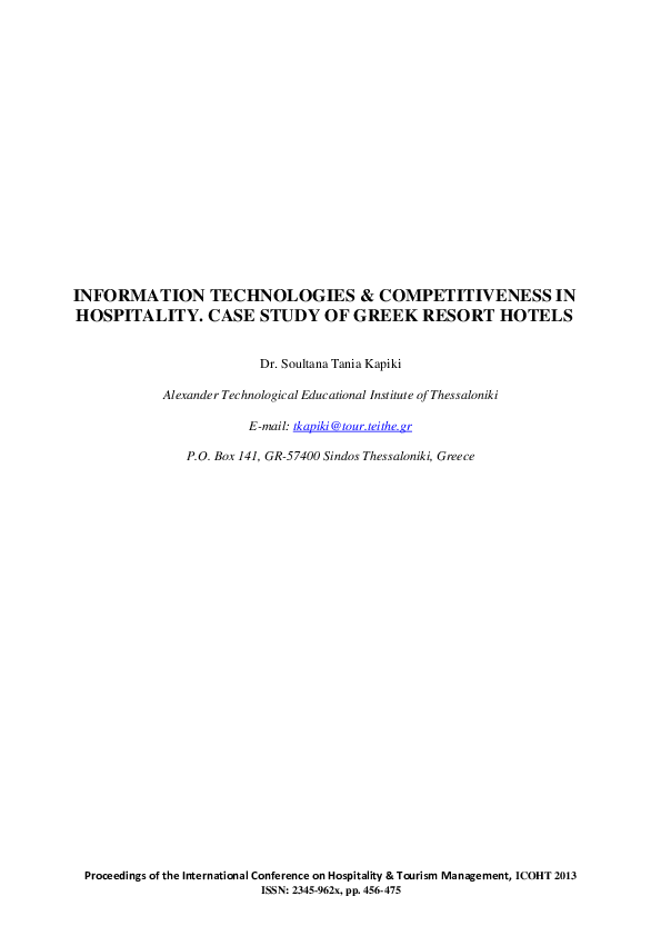 (PDF) Information Technologies & Competitiveness in Hospitality. Case ...