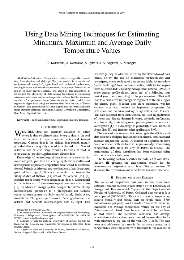 (PDF) Using Data Mining Techniques for Estimating Minimum, Maximum and Average Daily Temperature ...