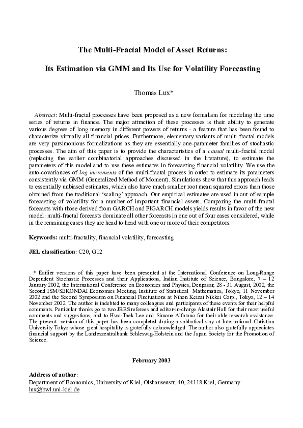 (PDF) The MultiFractal Model of Asset Returns:Its Estimation via GMM and Its Use for Volatility ...