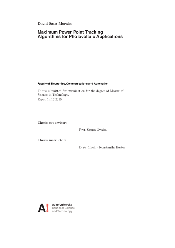 Pdf Maximum Power Point Tracking Algorithms For Photovoltaic Applications Thesis Submitted For