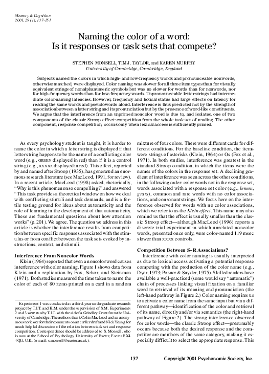 Pdf Naming The Color Of A Word Is It Responses Or Task Sets That