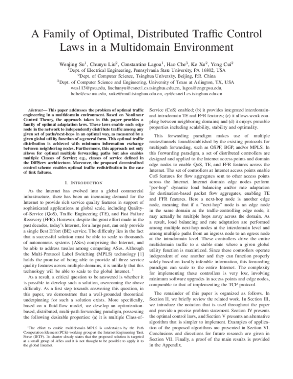 (PDF) A Family of Optimal, Distributed Traffic Control Laws in a ...