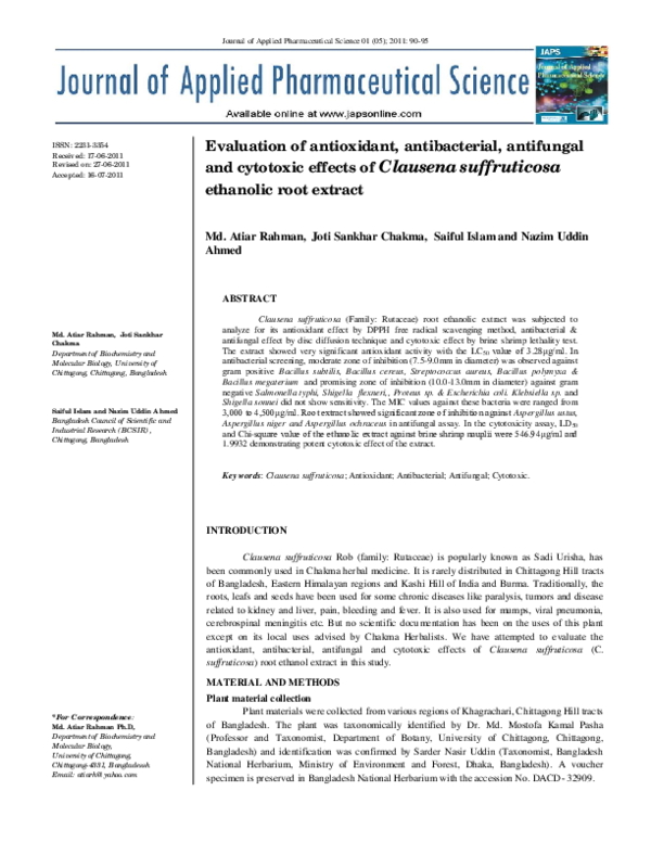 (PDF) Evaluation of antioxidant, antibacterial, antifungal and cytotoxic effects of Clausena ...