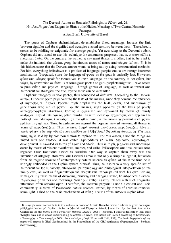 “Enigmatic Hints at the Hidden Meaning of Two Central Homeric Passages ...