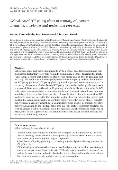 (PDF) School-based ICT policy plans in primary education: Elements ...