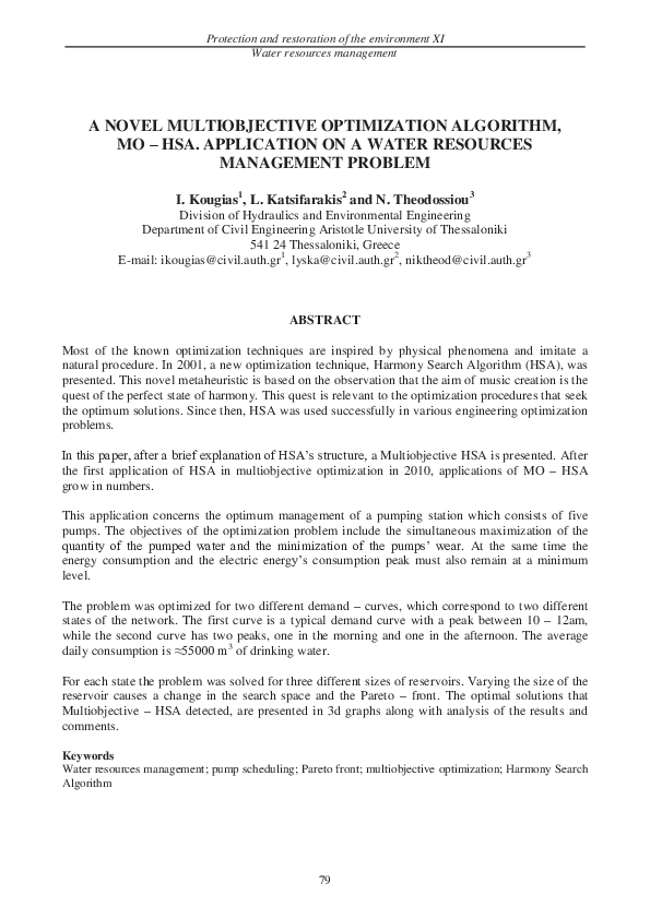 Pdf A Novel Multiobjective Optimization Algorithm Mo Hsa Application On A Water Resources