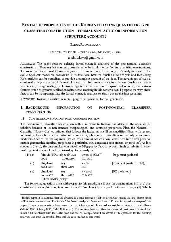 Pdf Syntactic Properties Of The Korean Floating Quantifier Type Classifier Contruction