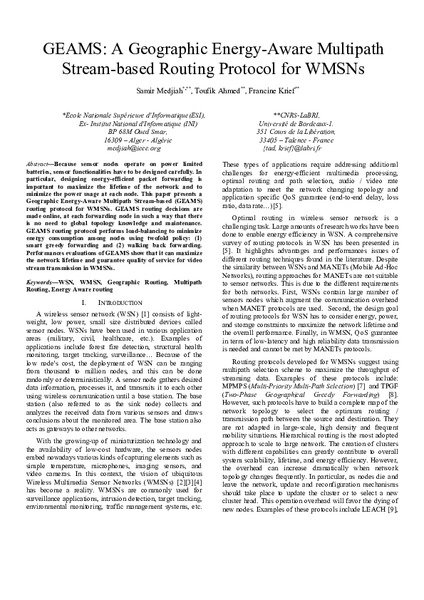 Pdf Geams A Geographic Energy Aware Multipath Stream Based Routing Protocol For Wmsns