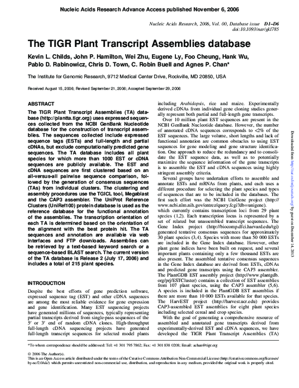 (PDF) The TIGR Plant Transcript Assemblies database