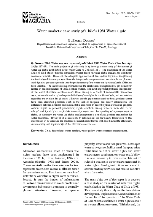(PDF) Water markets: case study of Chile’s 1981 Water Code.