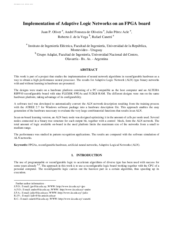 Pdf Implementation Of Adaptive Logic Networks On An Fpga Board