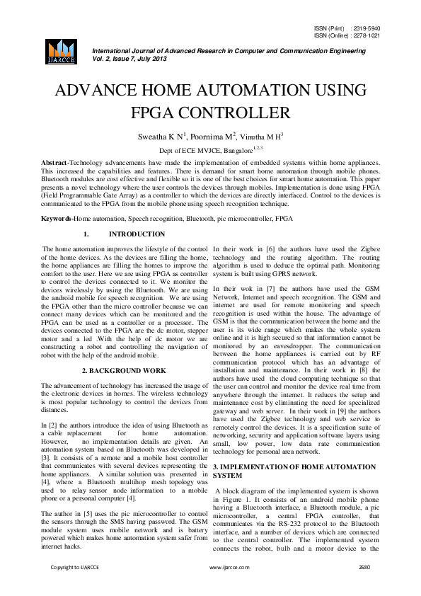 (PDF) ADVANCE HOME AUTOMATION USING FPGA CONTROLLER
