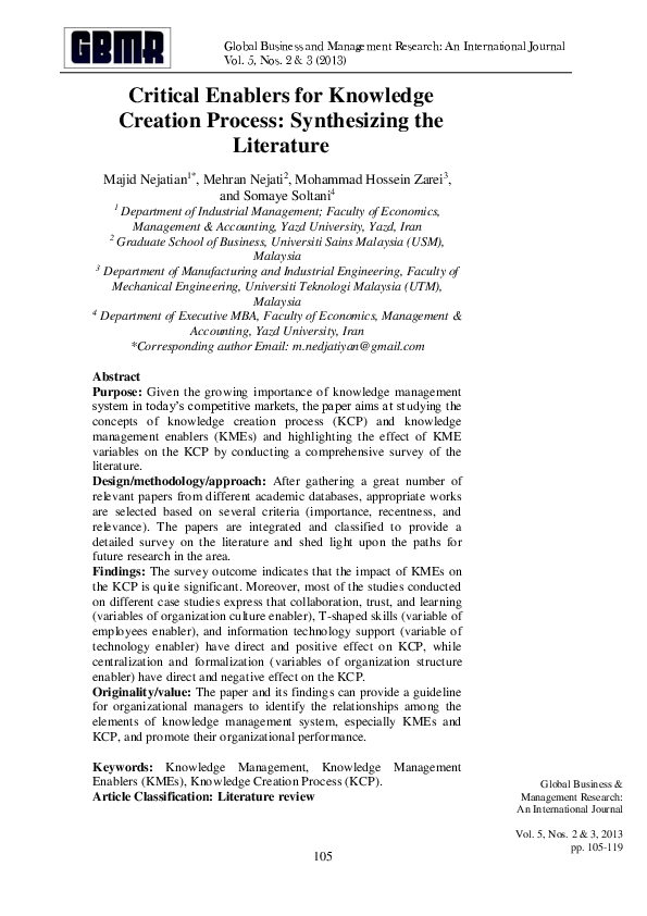 (PDF) Critical Enablers for Knowledge Creation Process: Synthesizing ...