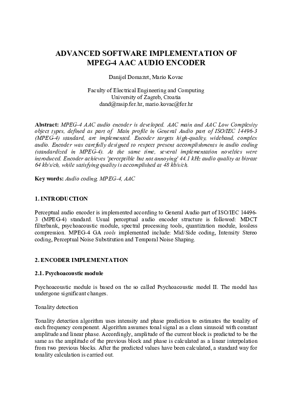 (PDF) Advanced software implementation of MPEG4 AAC audio encoder