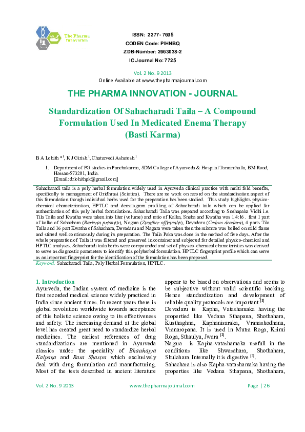 Standardization Of Sahacharadi Taila – A Compound Formulation Used In ...