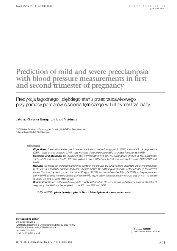 (PDF) Prediction of mild and severe preeclampsia with blood pressure ...