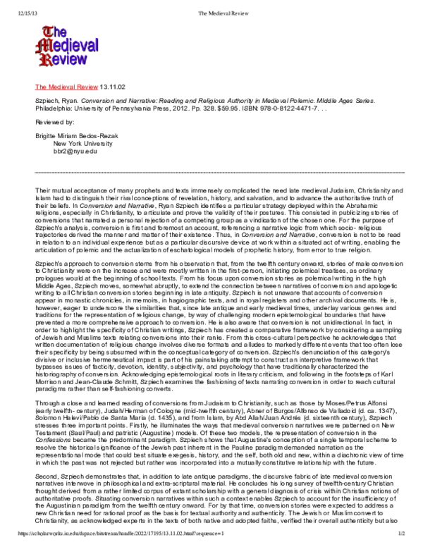 (PDF) Bedos-Rezak review of Conversion and Narrative: Reading and ...