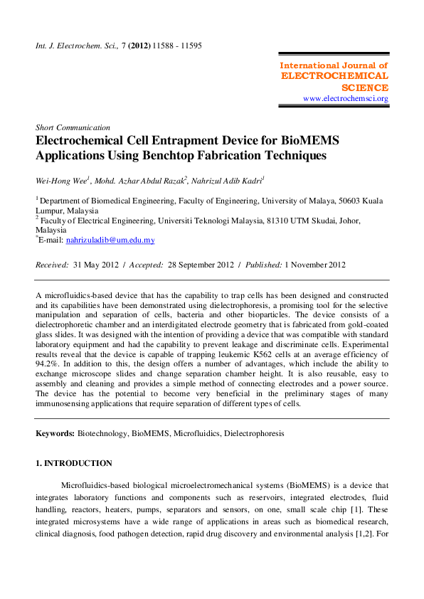 (PDF) Electrochemical Cell Entrapment Device for BioMEMS Applications ...