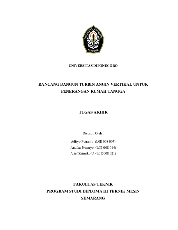 (PDF) UNIVERSITAS DIPONEGORO RANCANG BANGUN TURBIN ANGIN VERTIKAL UNTUK PENERANGAN RUMAH TANGGA ...