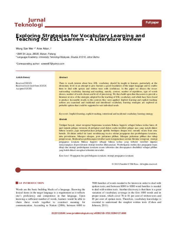 (DOC) Exploring Strategies for Vocabulary Learning and Teaching for ESL ... (DOC) Exploring Strategies for Vocabulary Learning and Teaching for ESL ...