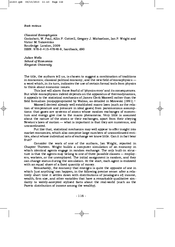 Book review of:'Classical econophysics' by Cockshott, W. Paul, Allin F ...