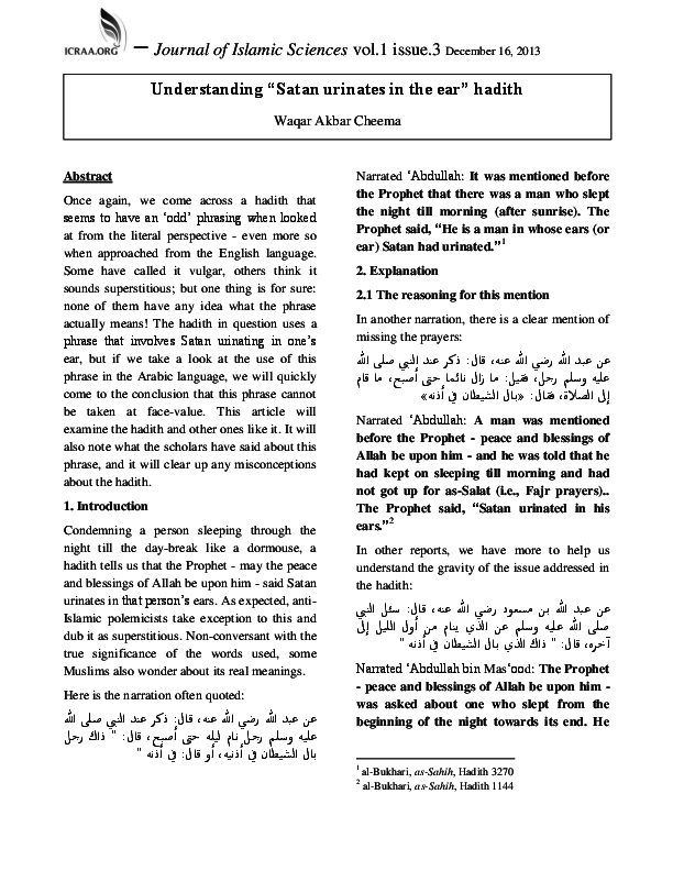 (PDF) Understanding “Satan urinates in the ear” hadith