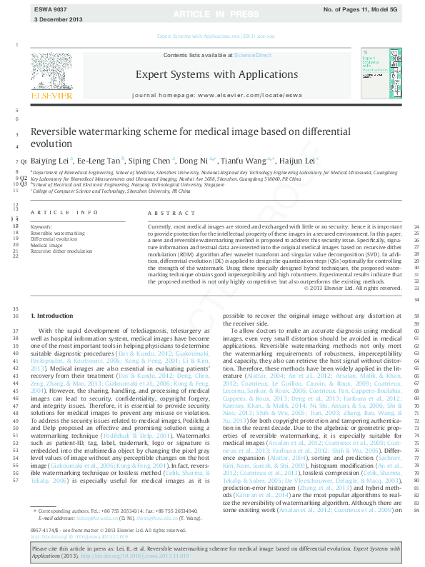 (PDF) Reversible watermarking scheme for medical image based on ...