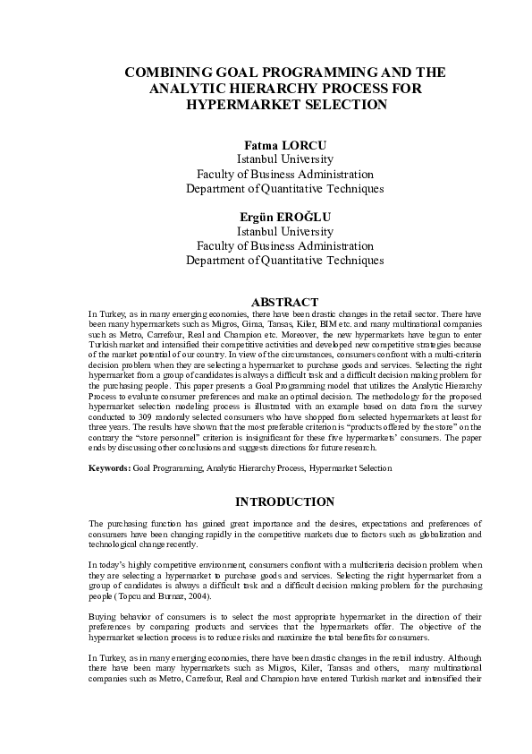 Pdf Combining Goal Programming And The Analytik Hierarchy Process