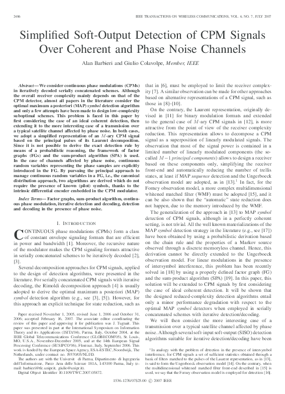 (PDF) Simplified Soft-Output Detection of CPM Signals Over Coherent and Phase Noise Channels