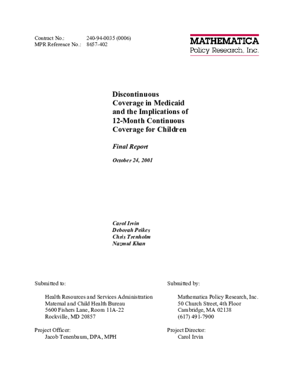 (PDF) Discontinuous Coverage in Medicaid and the Implications of ...