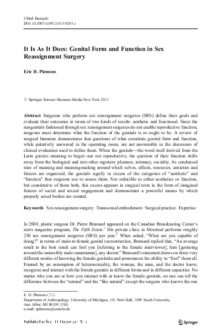 Pdf It Is As It Does Genital Form And Function In Sex Reassignment 4274