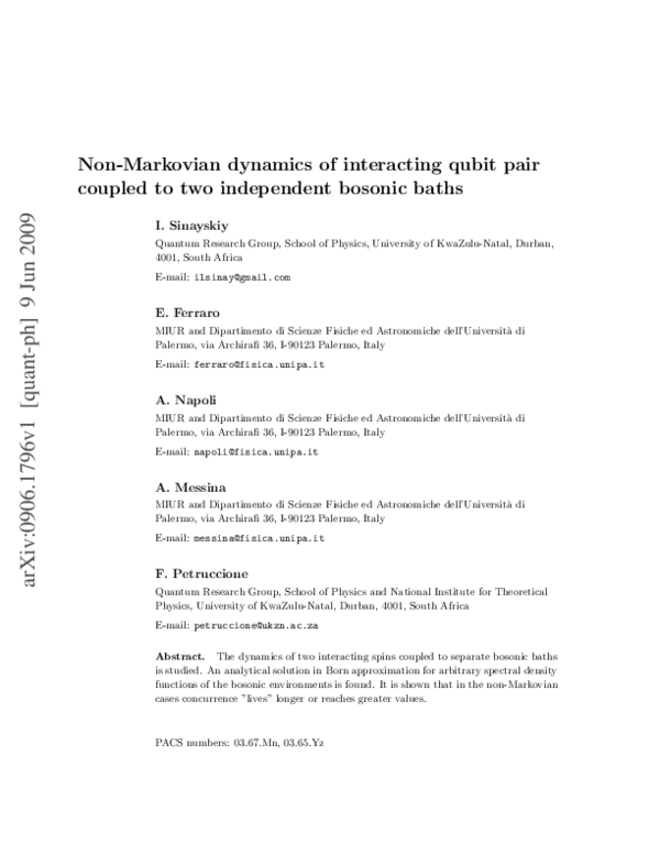 (PDF) Non-Markovian dynamics of an interacting qubit pair coupled to two independent bosonic baths