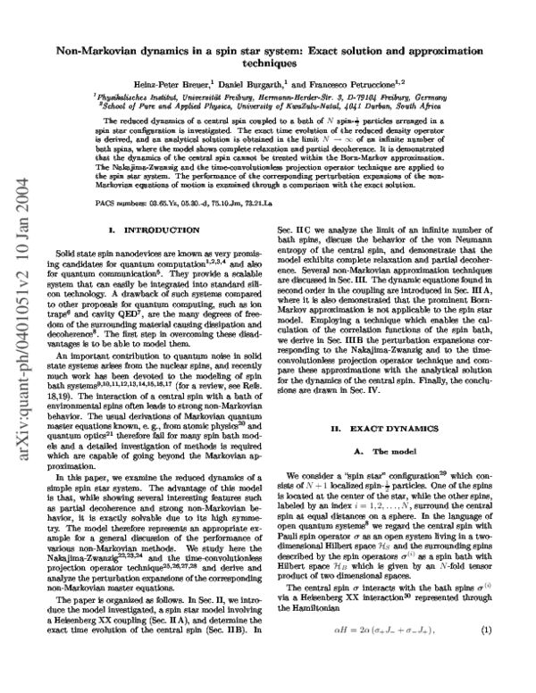 (PDF) Non-Markovian dynamics in a spin star system: Exact solution and approximation techniques