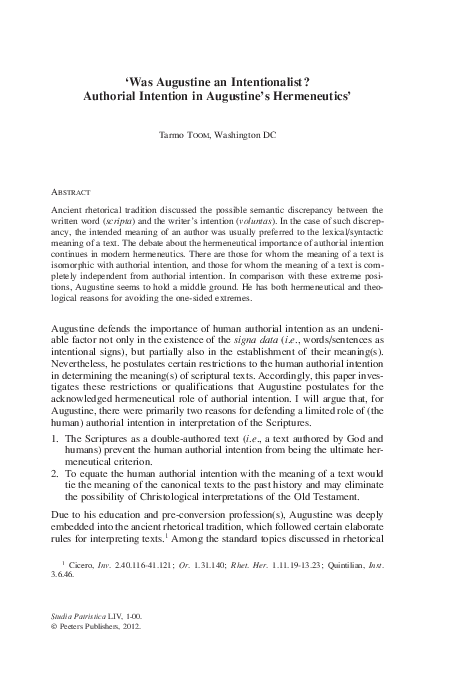 (PDF) ‘Was Augustine an Intentionalist? Authorial Intention in ...