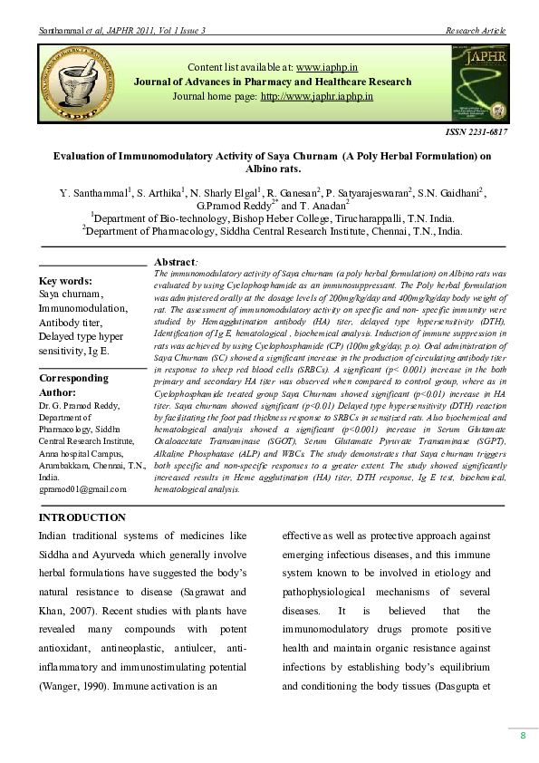 (PDF) Evaluation of Immunomodulatory Activity of Saya Churnam (A Poly Herbal Formulation) on ...