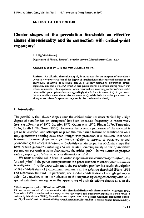 (PDF) Cluster Shapes at the Percolation Threshold: An Effective Cluster Dimensionality and its ...